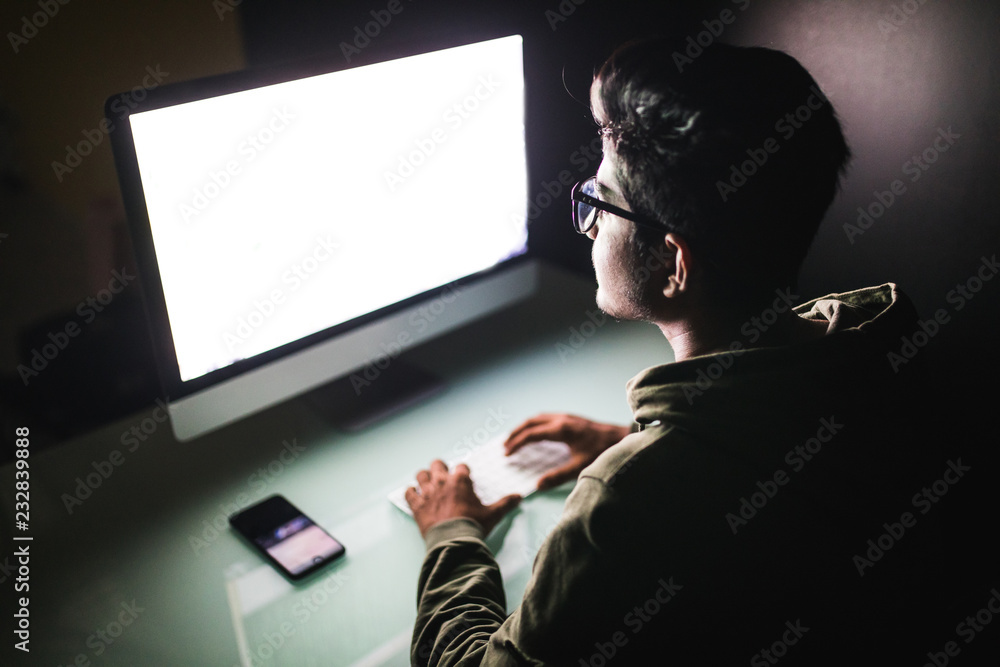 Indian Hacker Using Computer White Screen Trying To Commit Computer Crime Hacker And Computer