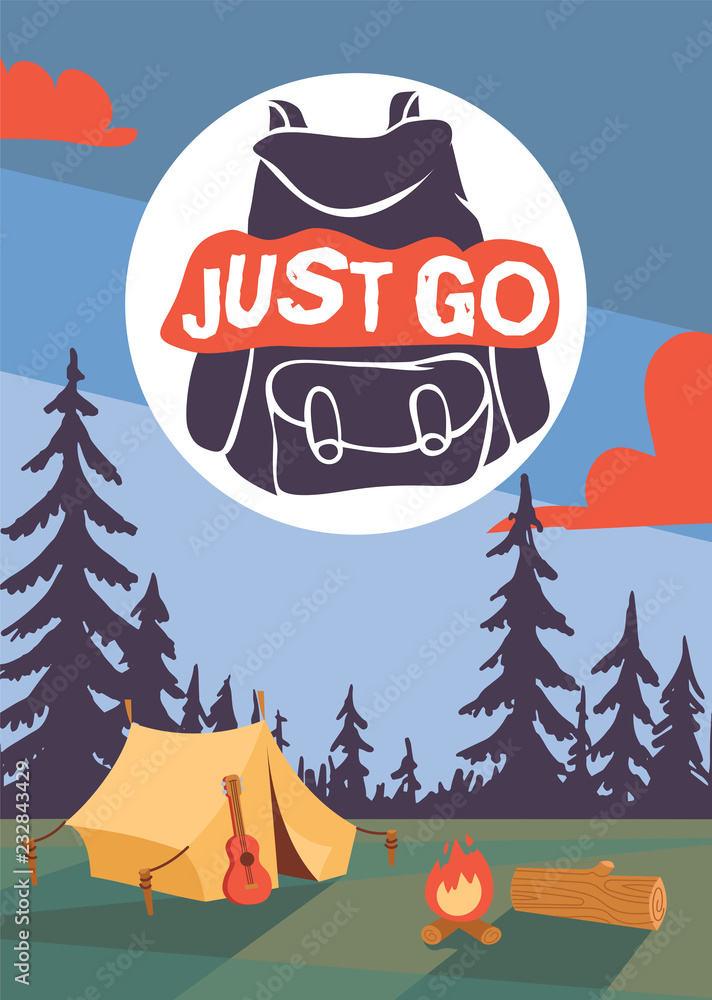 Camping time poster vector ilustration. Night landscape with tent ...