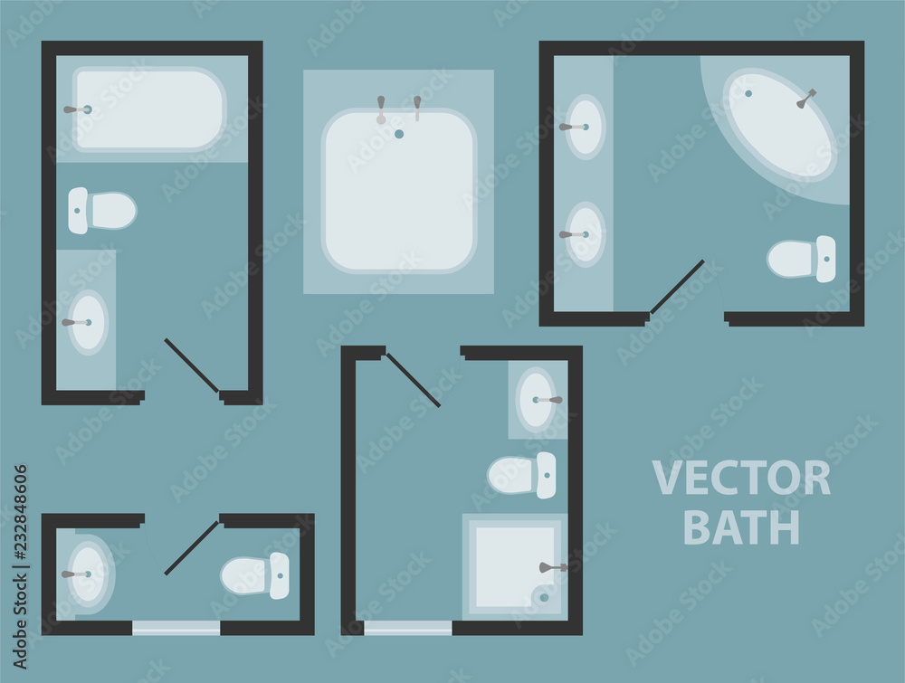 Bath vector elements. Bathroom interior top view icon set. Stock Vector ...