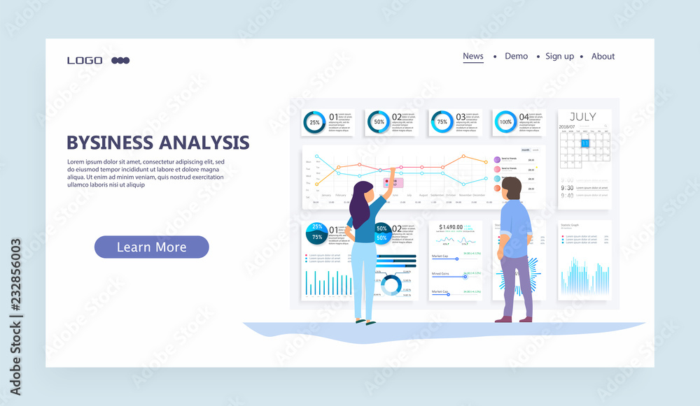 Vector web site linear art design template. Finance charts and diagrams ...