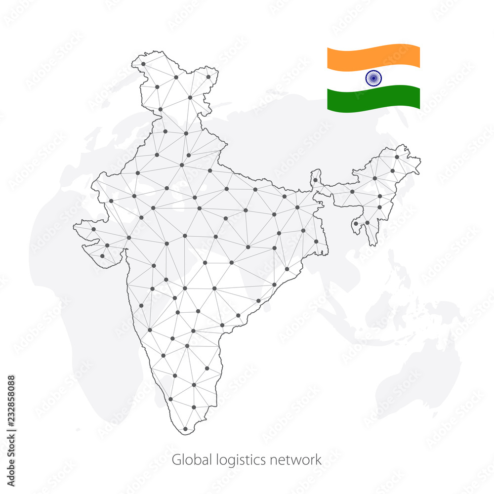 Global logistics network concept. Communications network map India on ...
