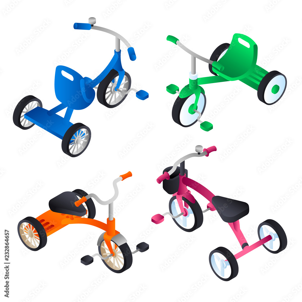 Tricycle icon set. Isometric set of tricycle vector icons for web ...