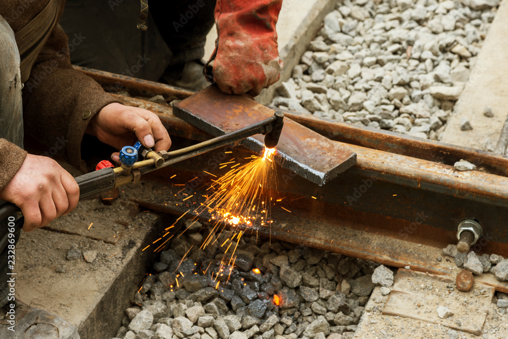 Repair of iron tram line. Installation of railway rails for trams ...