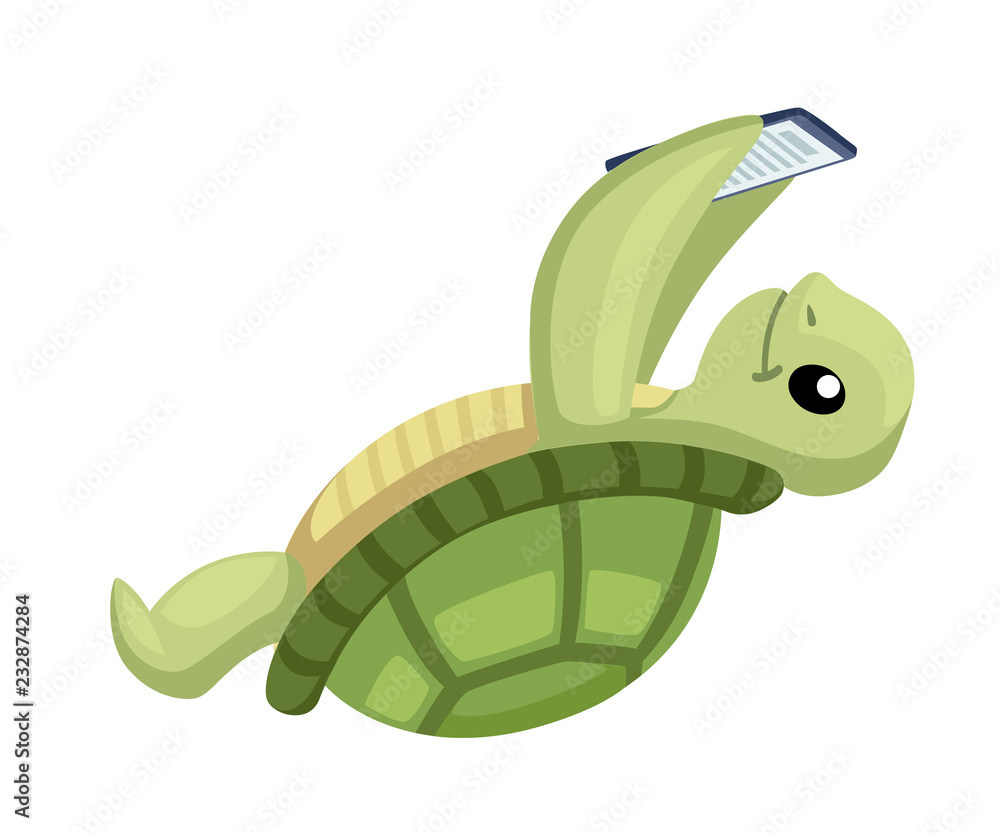 Happy cute turtle play with smartphone. Turtle is lying on its back ...