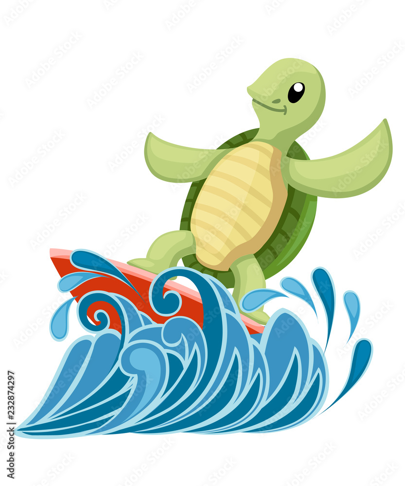 Happy cute turtle on surfboard. Turtle on water. Cartoon character ...