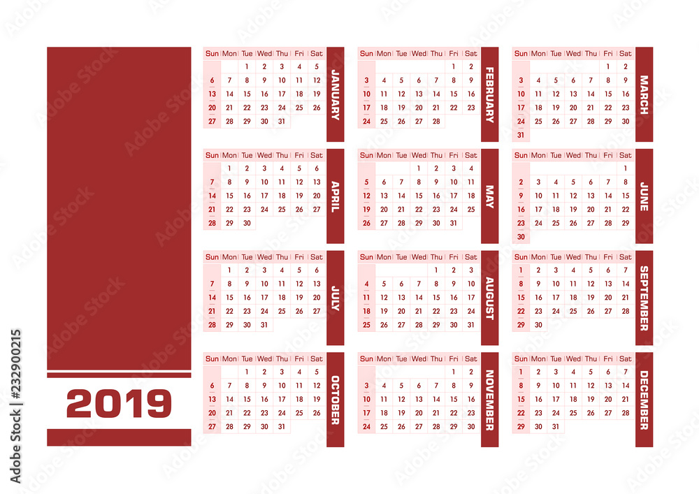 Red 2019 English calendar. Vector illustration with blank space for ...