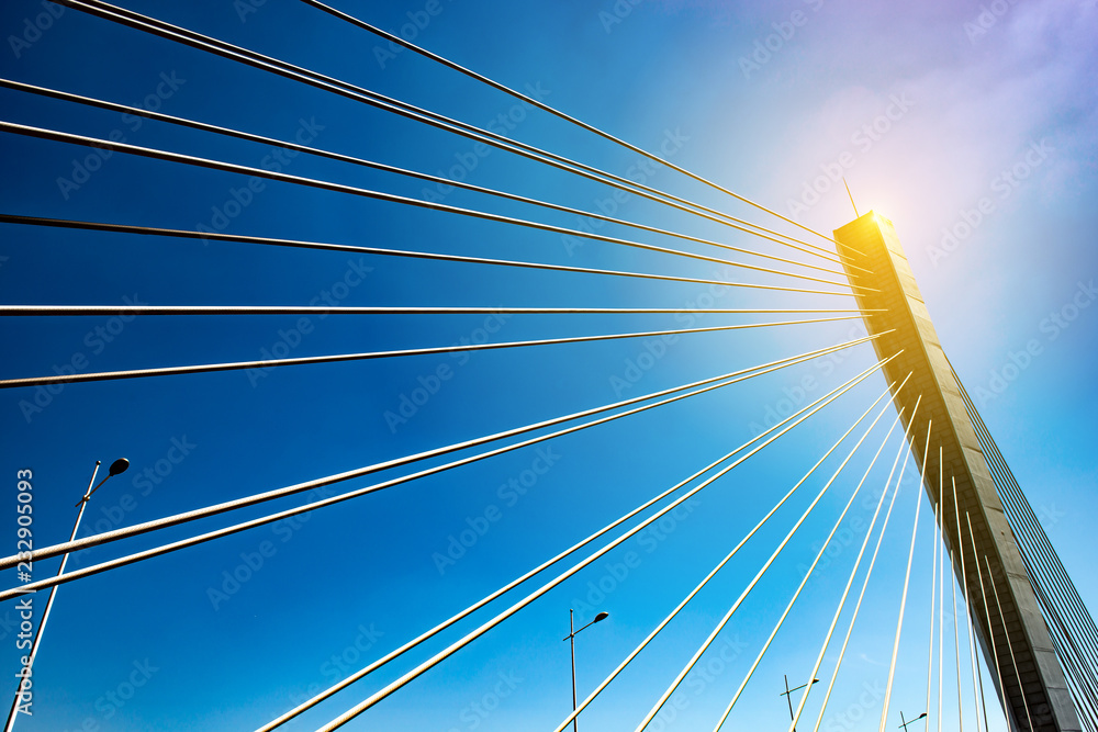 Cable-stayed bridge piers and cable-stayed cables under the blue sky ...