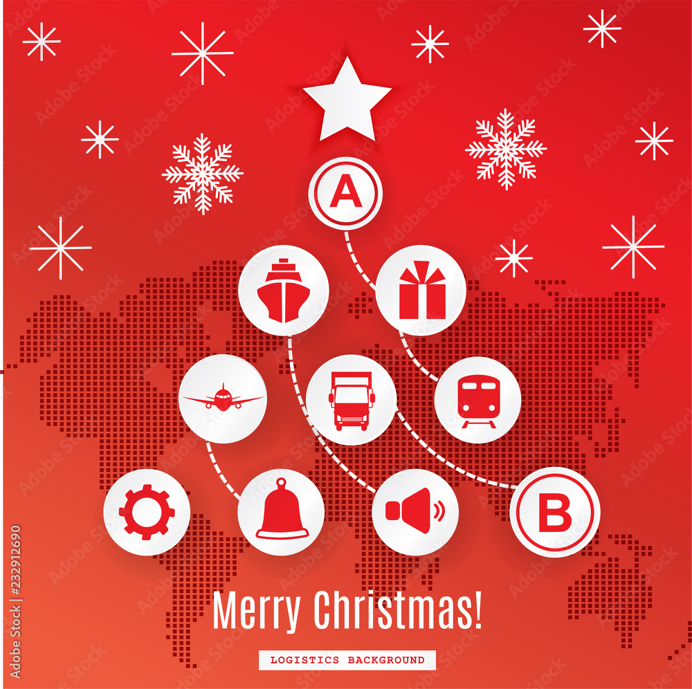 Christmas logistics card. Schematic christmas tree on schematic world ...