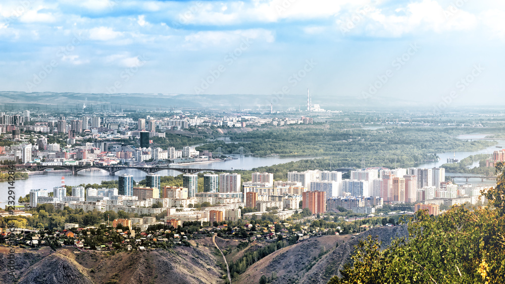 Aerial Panoramic Overview City Centre Of Krasnoyarsk Skyline With