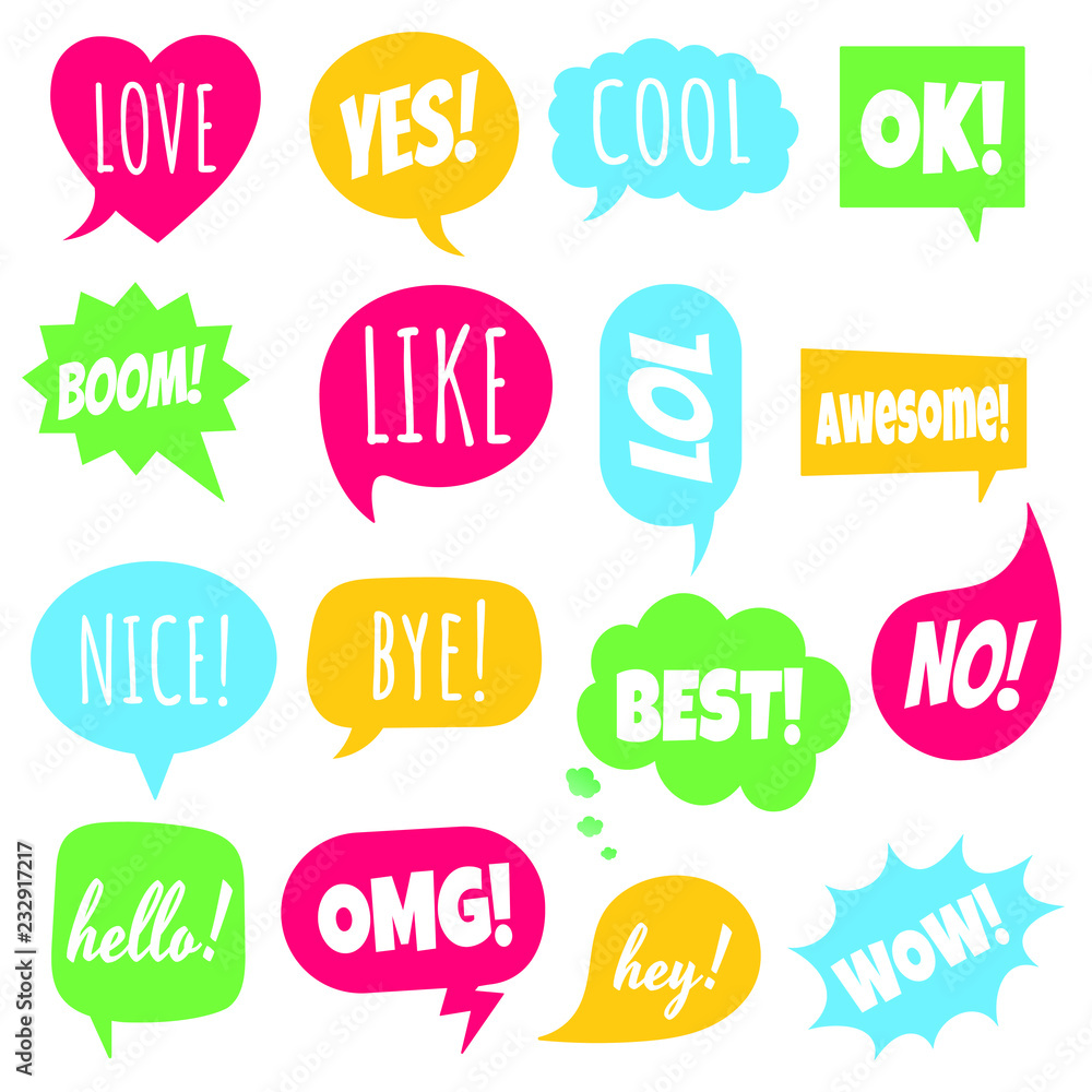 16 Speech bubbles flat style design set another shapes with text; love ...
