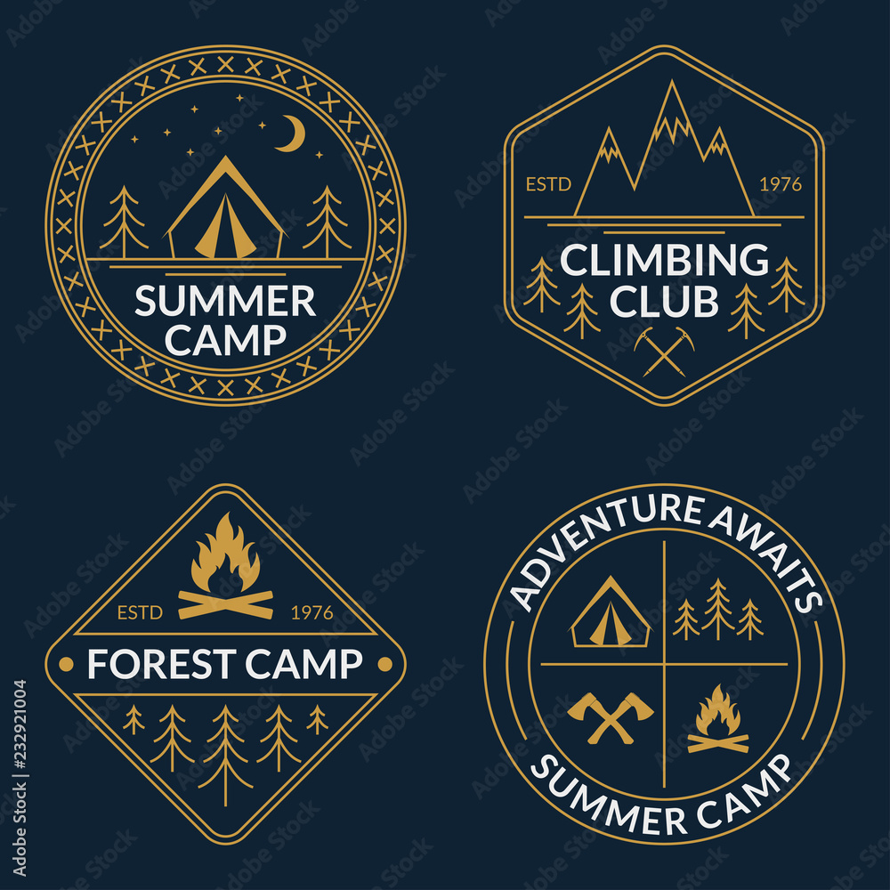 Camp logo set. Summer and forest camping badges. Mountain and Rock ...