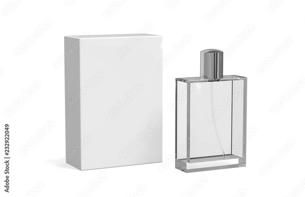 Perfume bottle and packaging box on isolated white background, ready ...