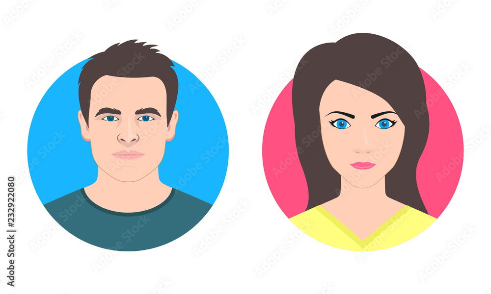 Man and Woman face avatar. Male and Female icon or portrait. Young girl ...