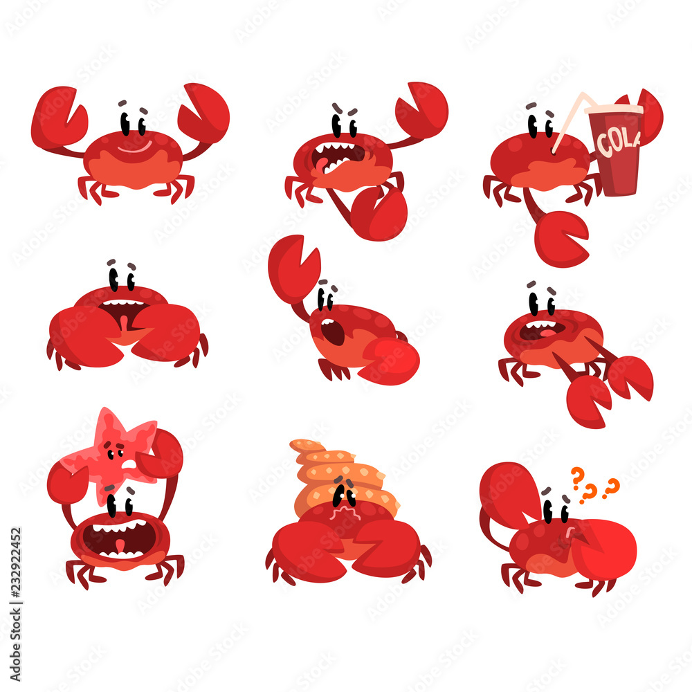 Crab character with different emotions, cute sea creature with funny ...