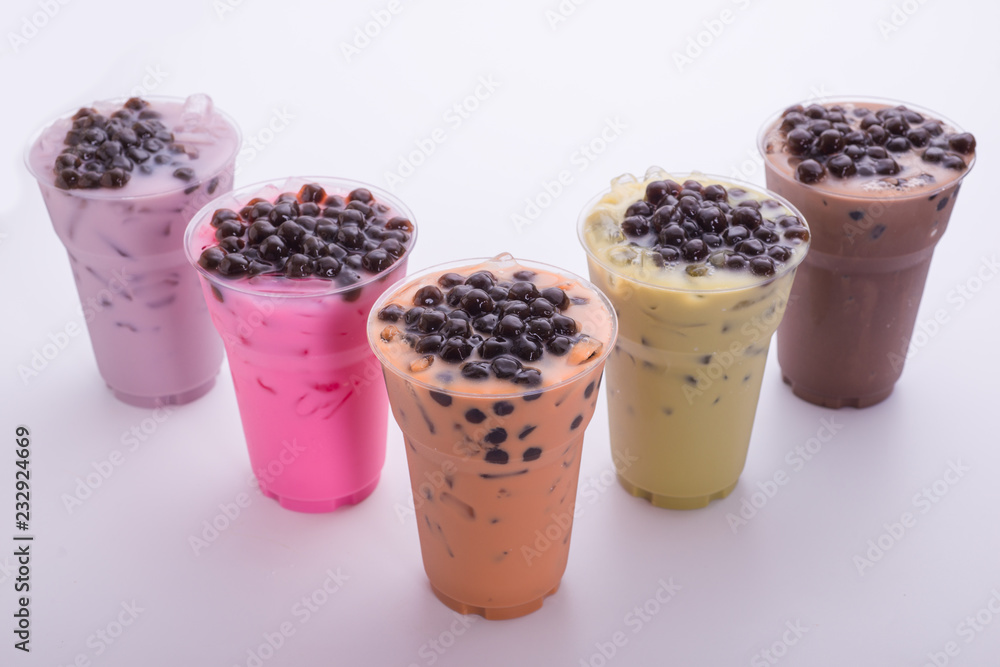 Variety color of bubble tea in plastic glass with white background,milk ...