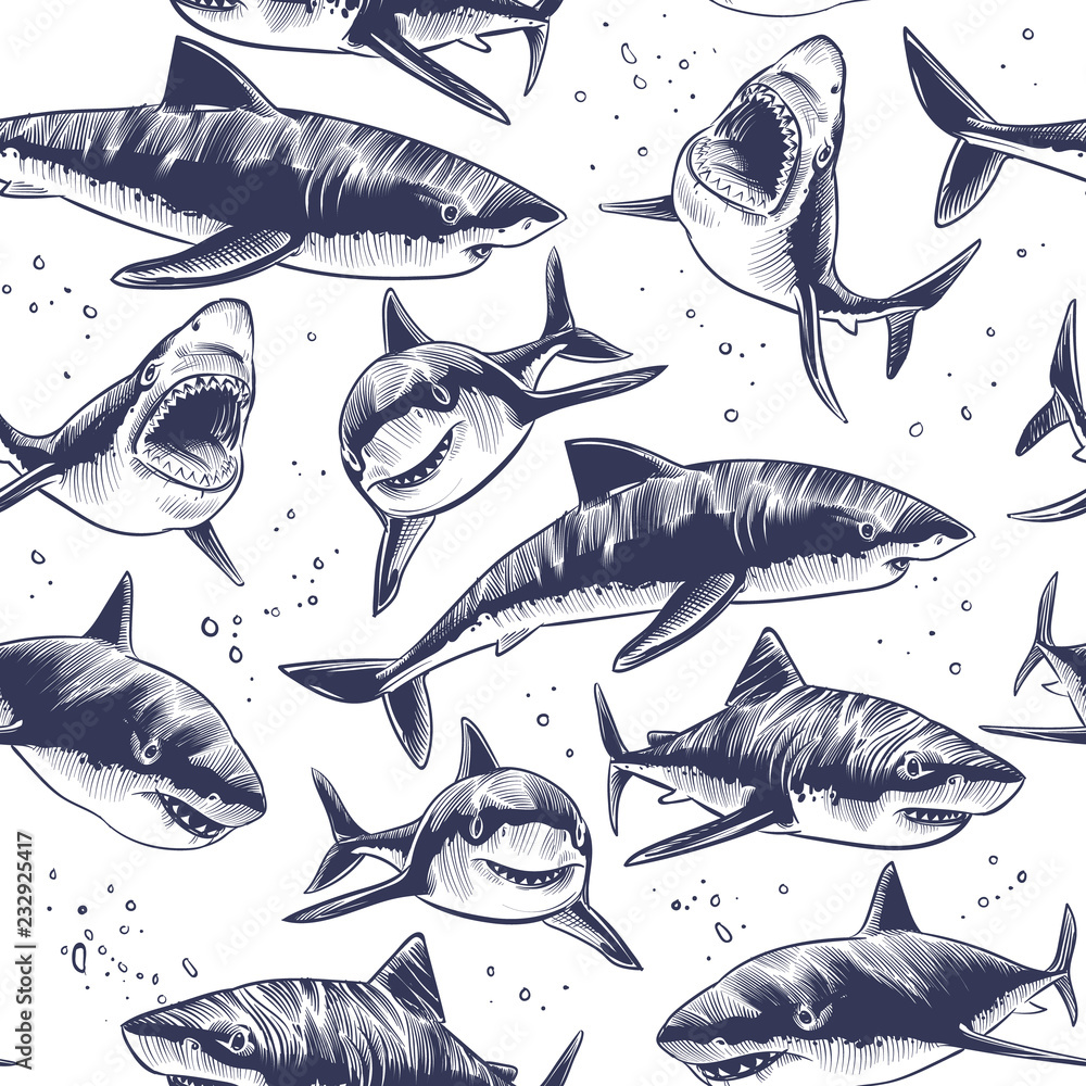Sharks seamless pattern. Hand drawn underwater sea fish nautical ...