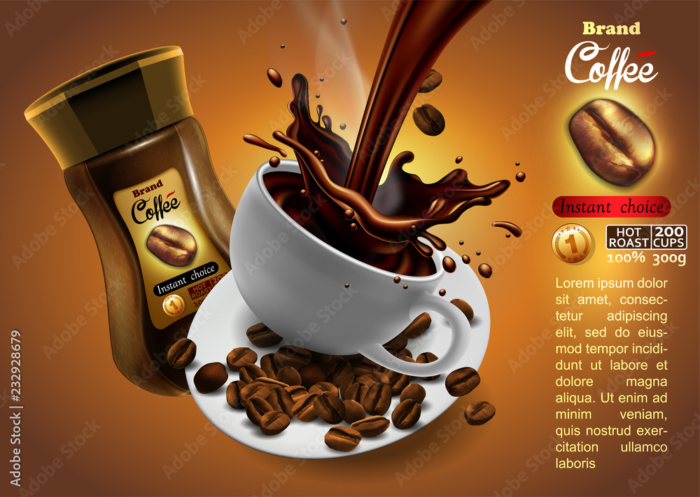 Coffee advertising design with cup of coffee and splash effect, high ...