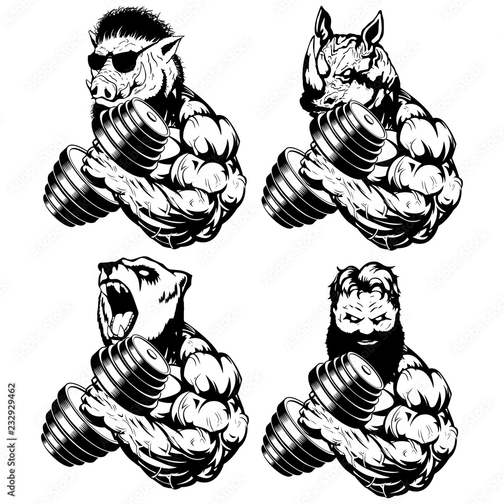 Vector illustration a strong ferocious boar bodybuilder shows a large ...