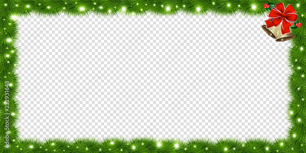 Realistic fir-tree sparkling rectangle frame with red bow and bells ...