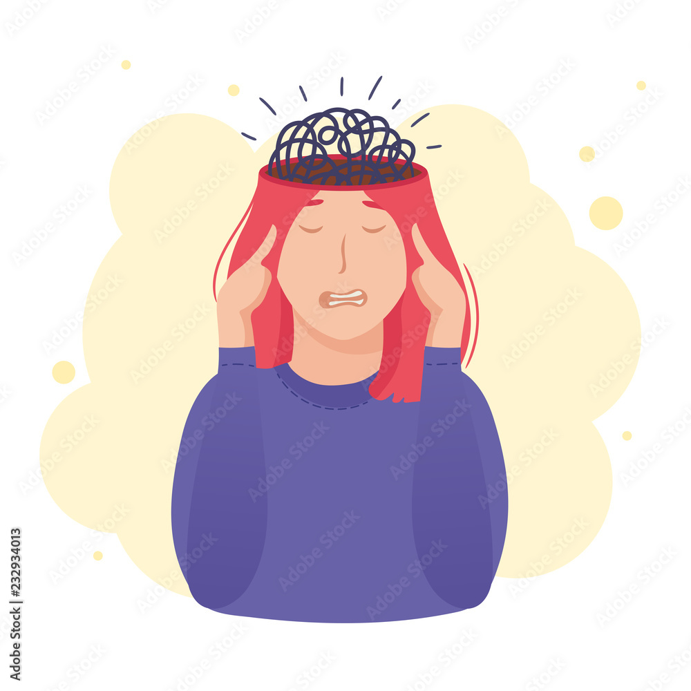 Inside woman’s head concept. Tangled thoughts, brain knot, overthinking ...