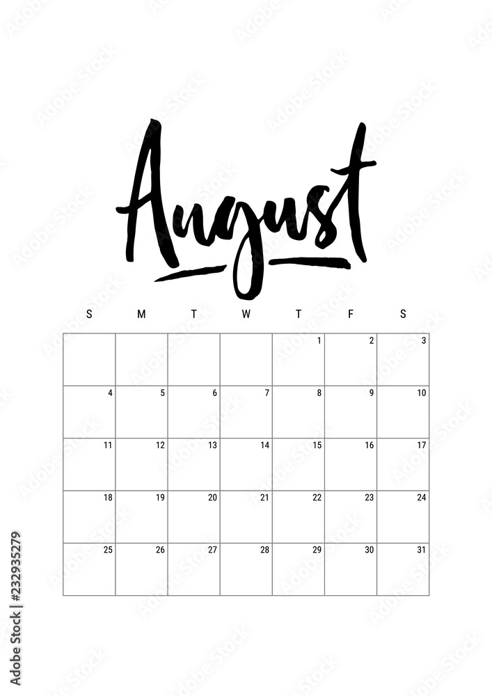 August. Calendar planner 2019, week starts on Sunday. Part of sets of ...