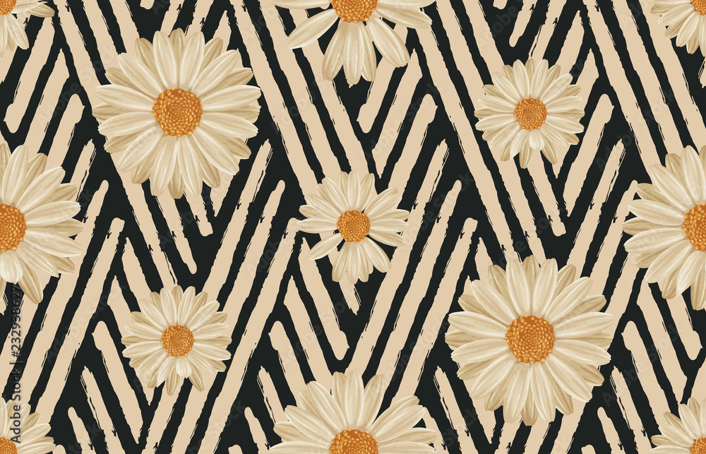 Printable seamless vintage repeat pattern background with white daisies ...
