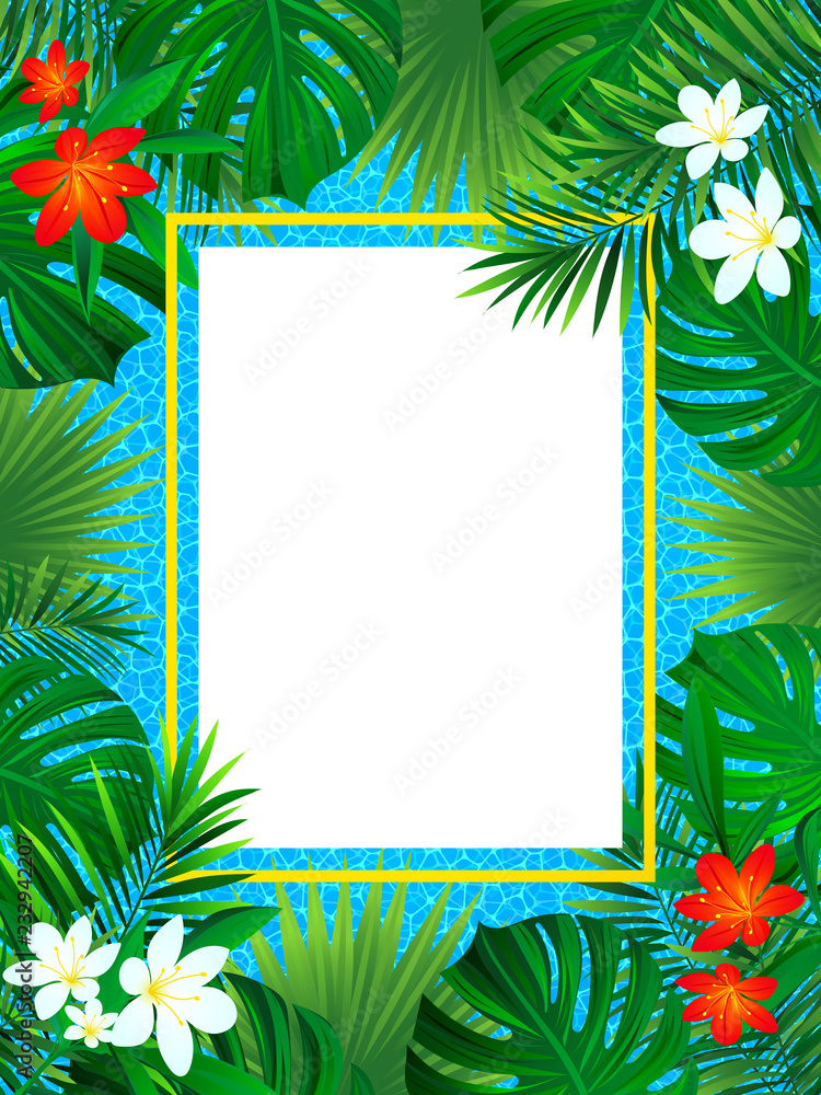 tropical flowers frame. Tropic poster vector illustration. background with exotic plant, palm ...