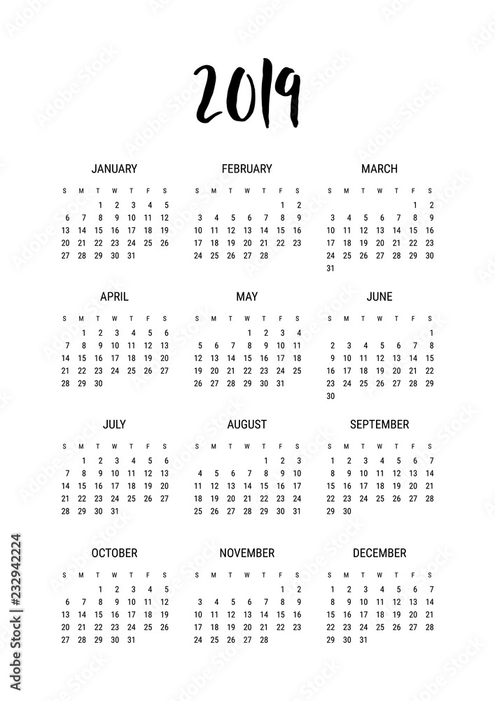 2019 calendar. Vector calender design template, year planner, diary ...