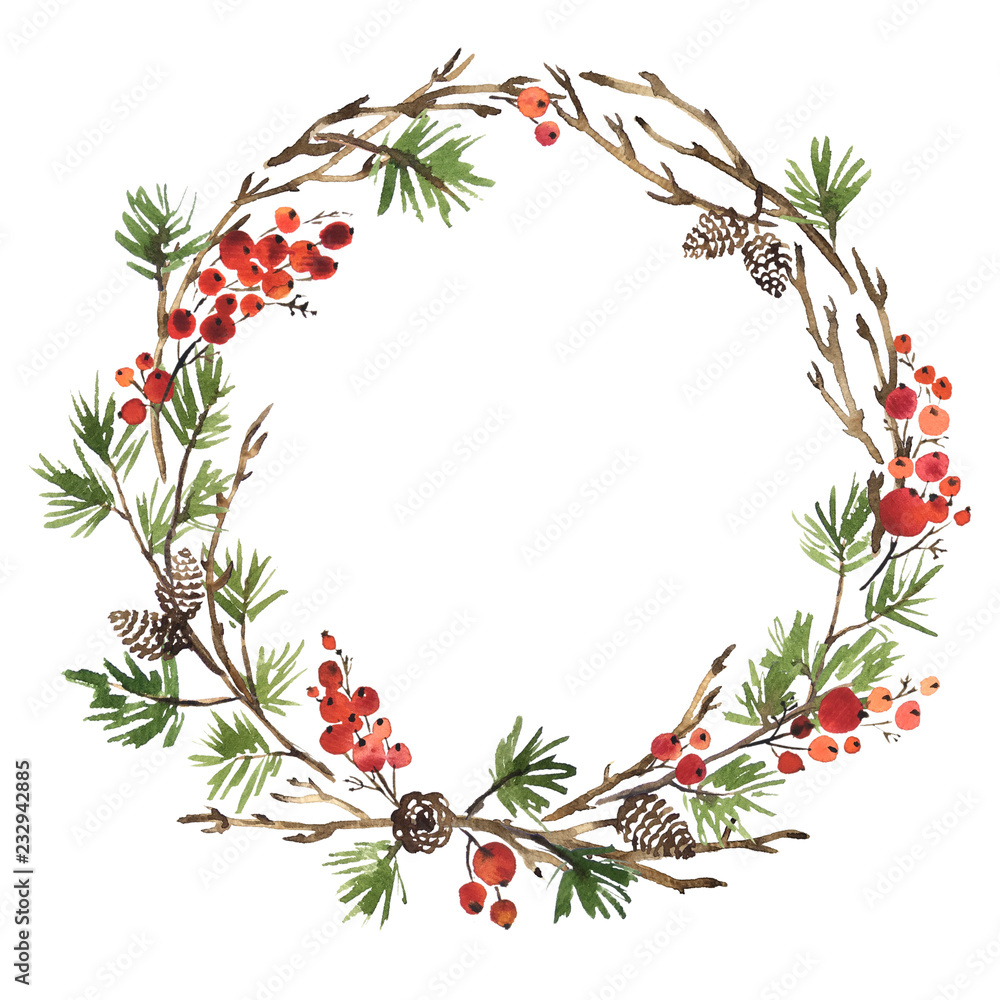 Watercolor Christmas wreath of spruce, pine cones and holly berries ...