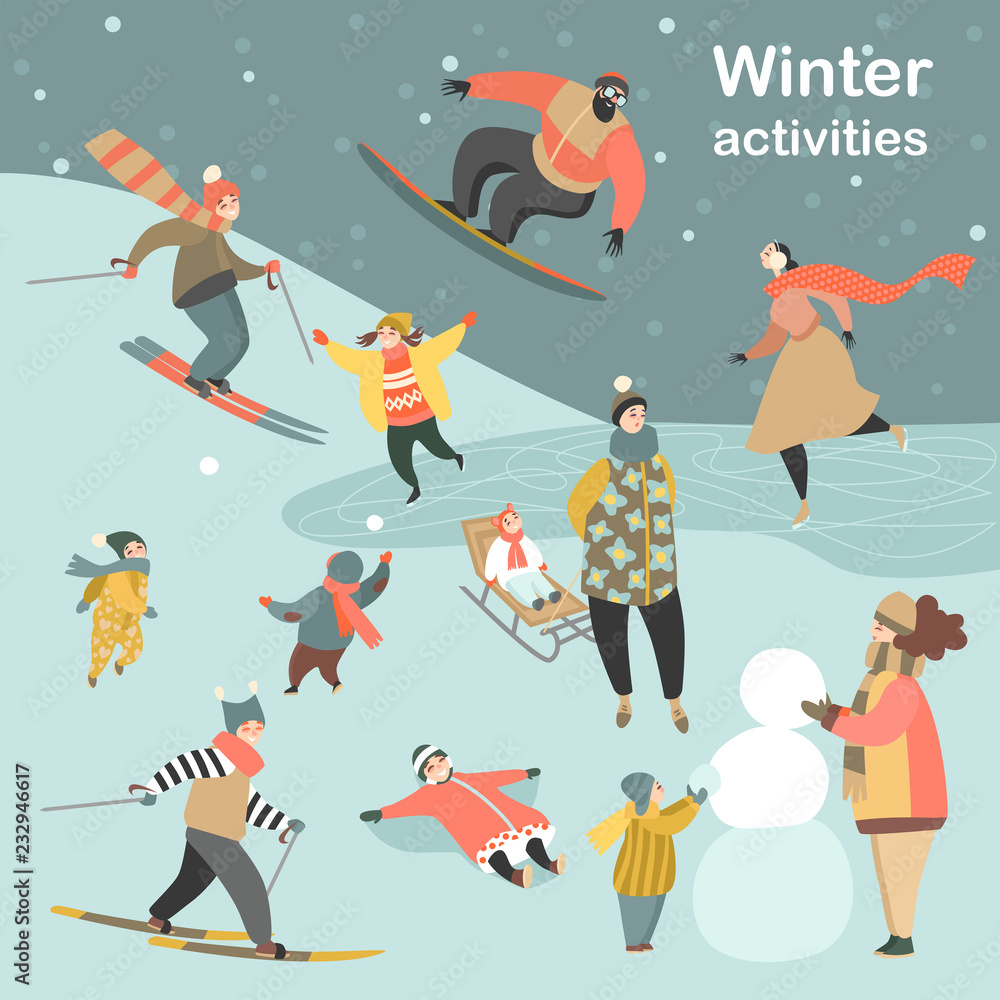 Winter activities set with people skiing, skating, snowboarding and ...
