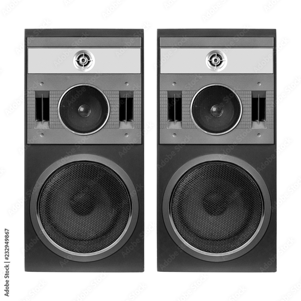Music and sound - Two front view three way speaker enclosure. Isolated ...