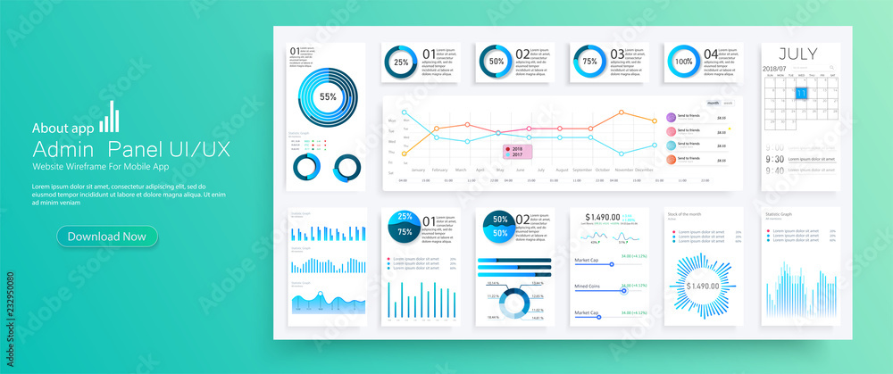Infographic dashboard. Admin panel interface with green charts, graphs ...