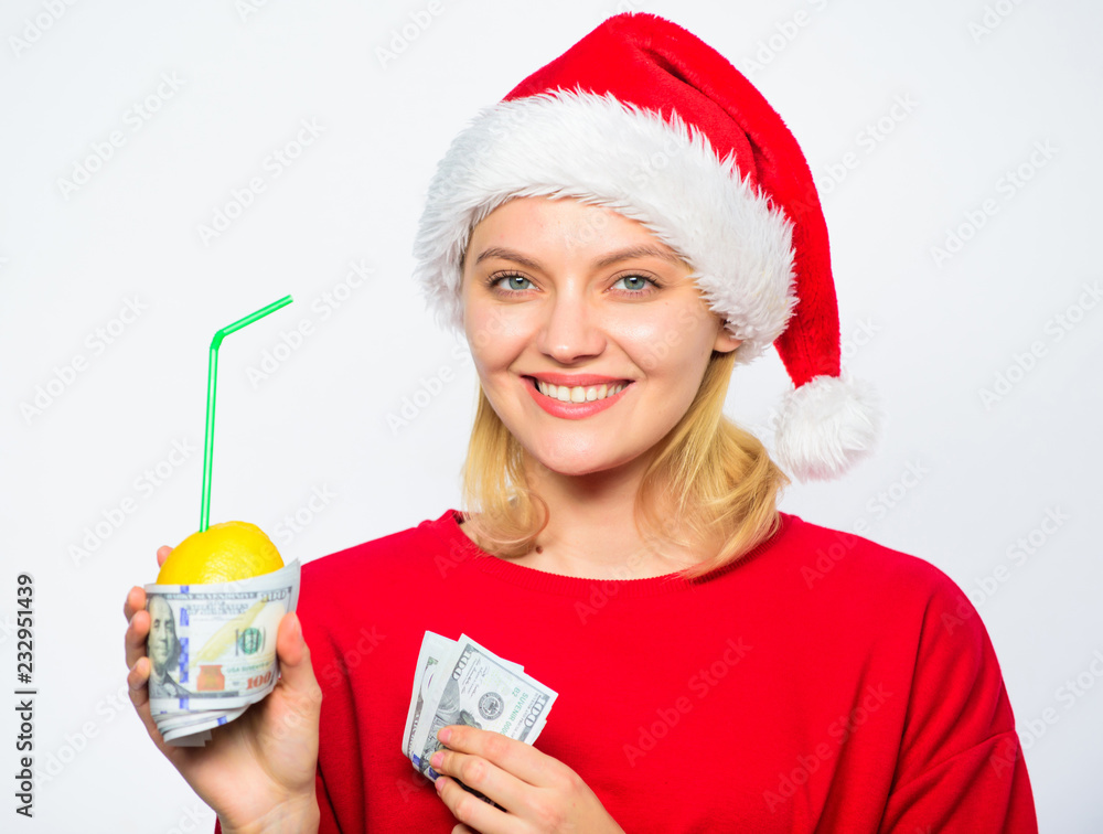 Richness symbol concept. Rich girl with lemon and money. Girl santa hat ...