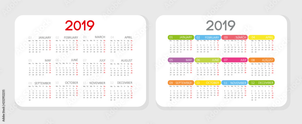 vertical Concise stylish pocket calendar concept 2019. Two options are ...