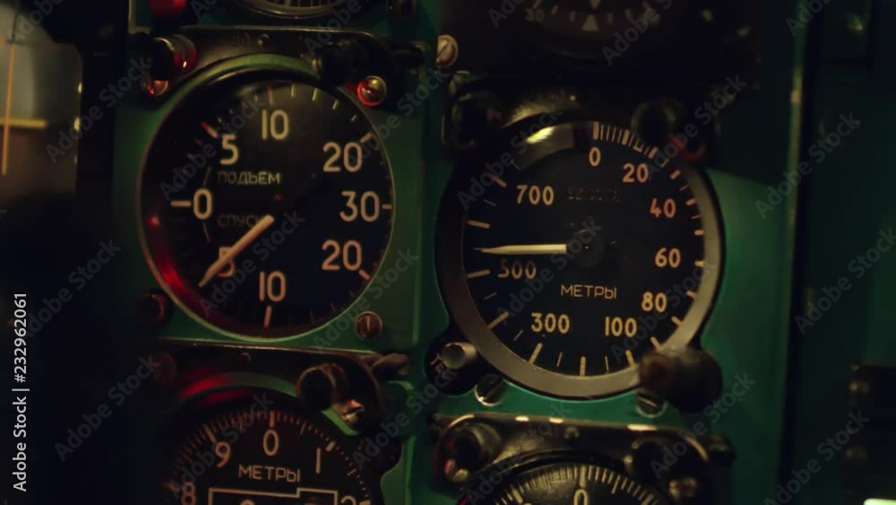 Close up shot of working vertical speed indicator and altimeter on ...