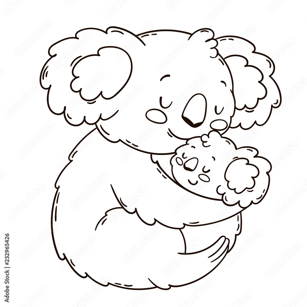 Cute koala mother and baby. Black and white outline illustration ...