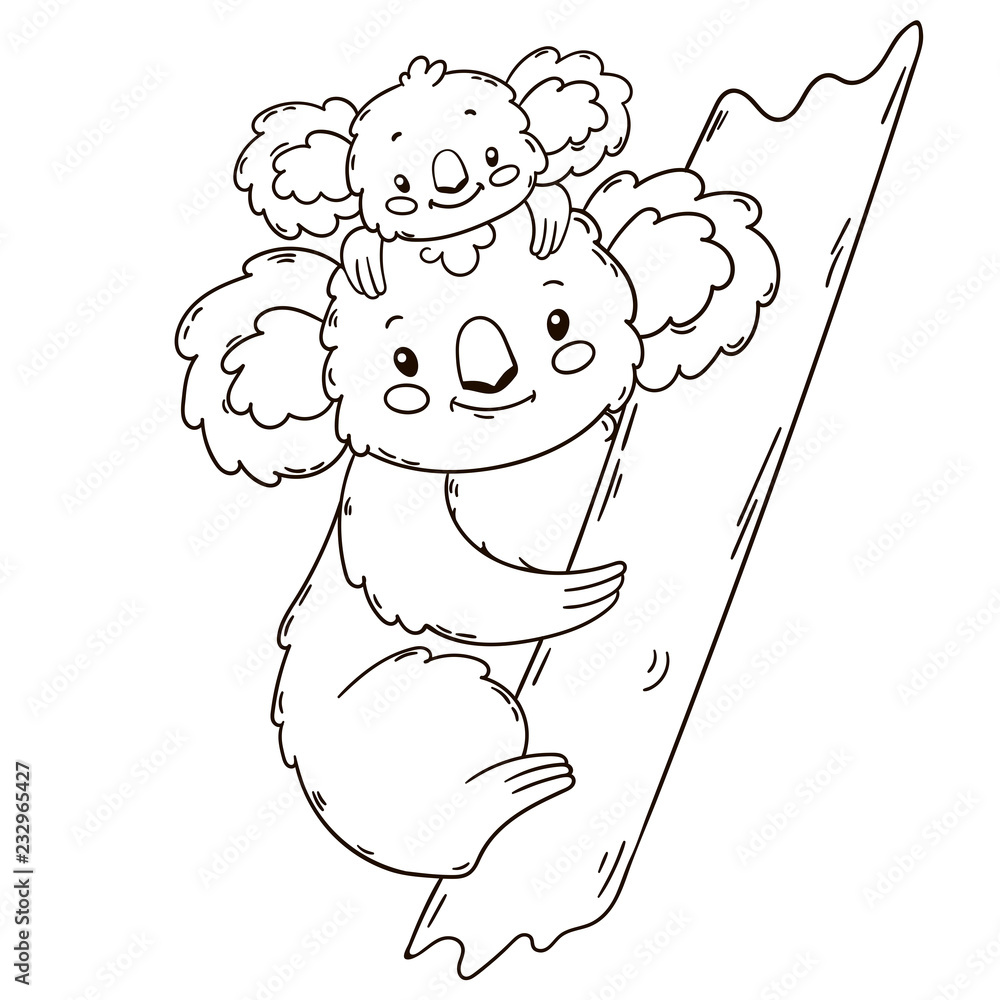 Cute koala mother and baby. Black and white outline illustration ...
