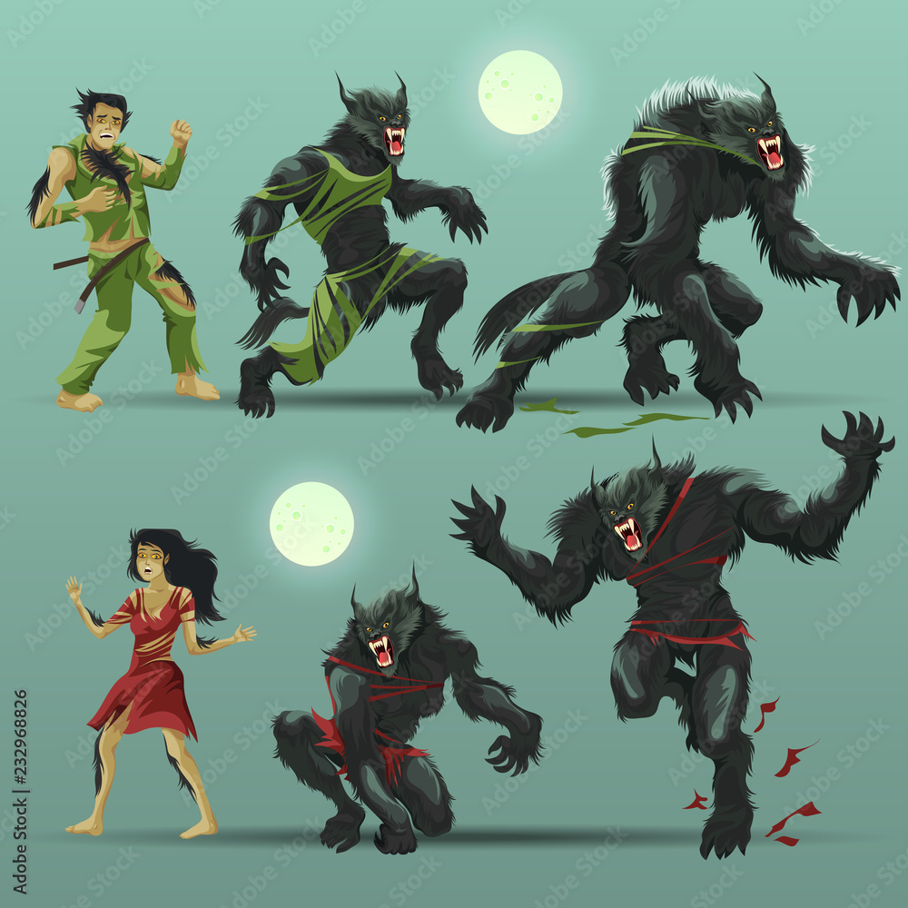 Man and woman turning into werewolf set Stock Vector | Adobe Stock