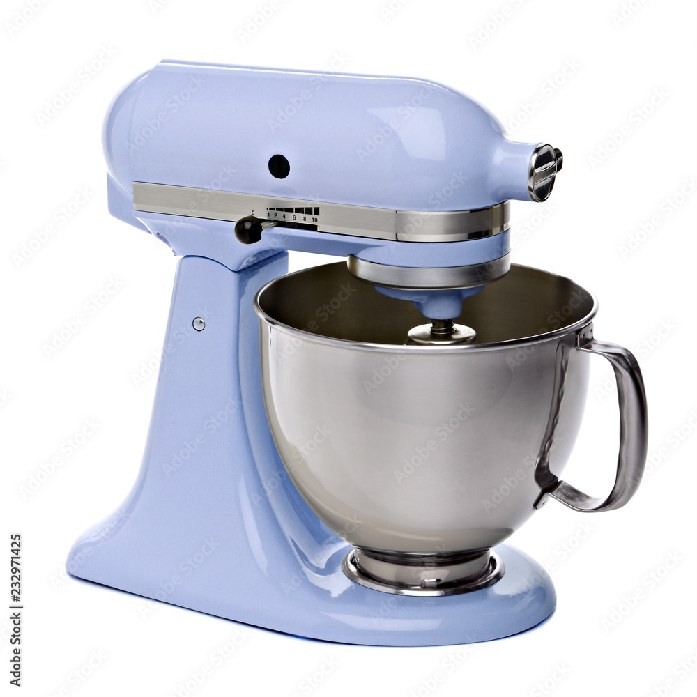Blue stand mixer from side on white background including clipping path ...