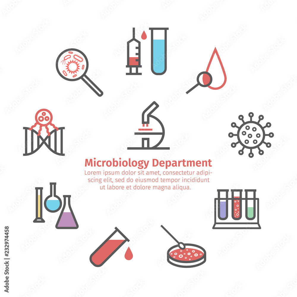 Microbiology round banner. Line icons. Hospital department. Health care center. Vector signs for ...