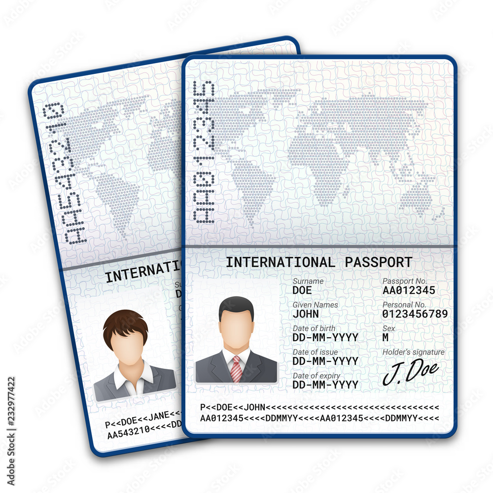 International male and female passports with sample of photo, signature ...