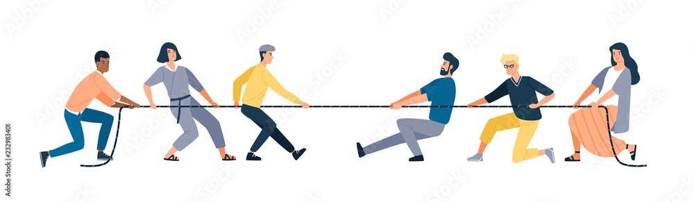 Two groups of people pulling opposite ends of rope isolated on white background. Tug of war ...