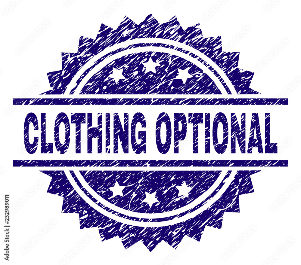 CLOTHING OPTIONAL stamp seal watermark with distress style. Blue vector ...
