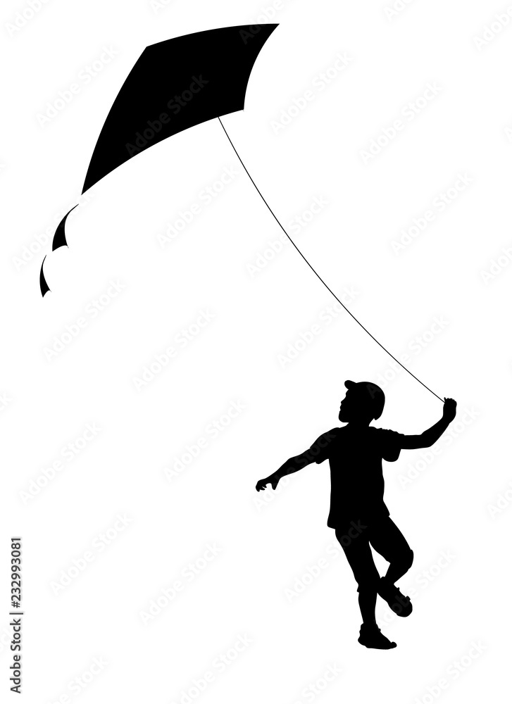 Black outline boy with fly kite.Vector illustration. Stock Vector ...