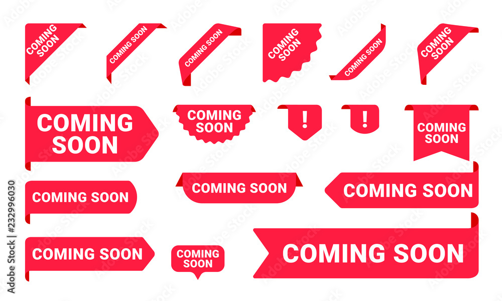 Coming Soon promo banners, stickers and tag labels. Vector isolated red ...