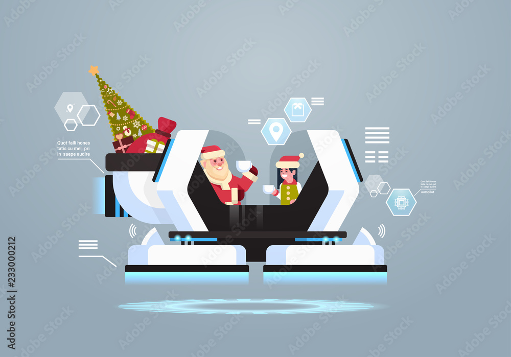 Santa with elf drink coffee in robotic modern sleigh artificial ...