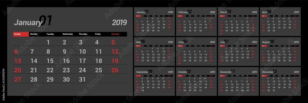 2019 new year calendar in clean minimal table simple style. Black color ...