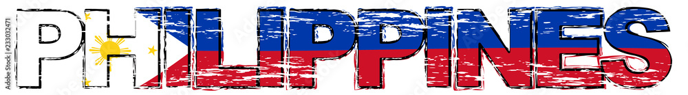 Word PHILIPPINES with Filipino national flag under it, distressed ...