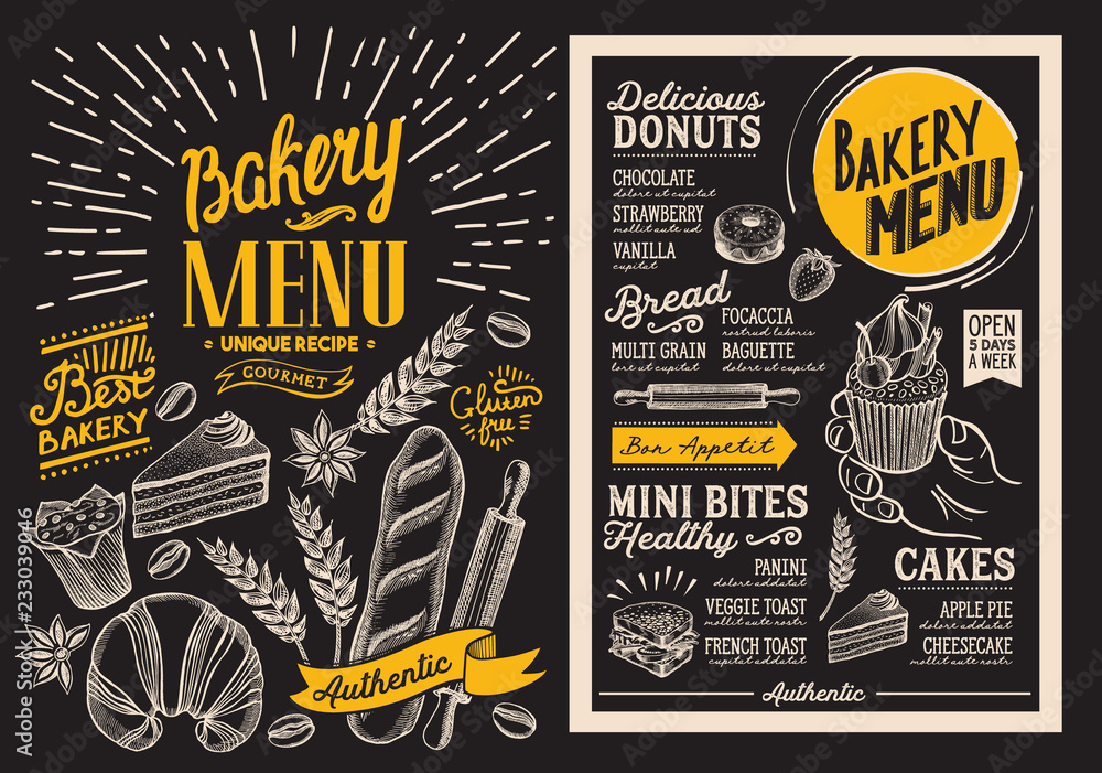 Bakery dessert menu for restaurant. Design template on chalkboard ...
