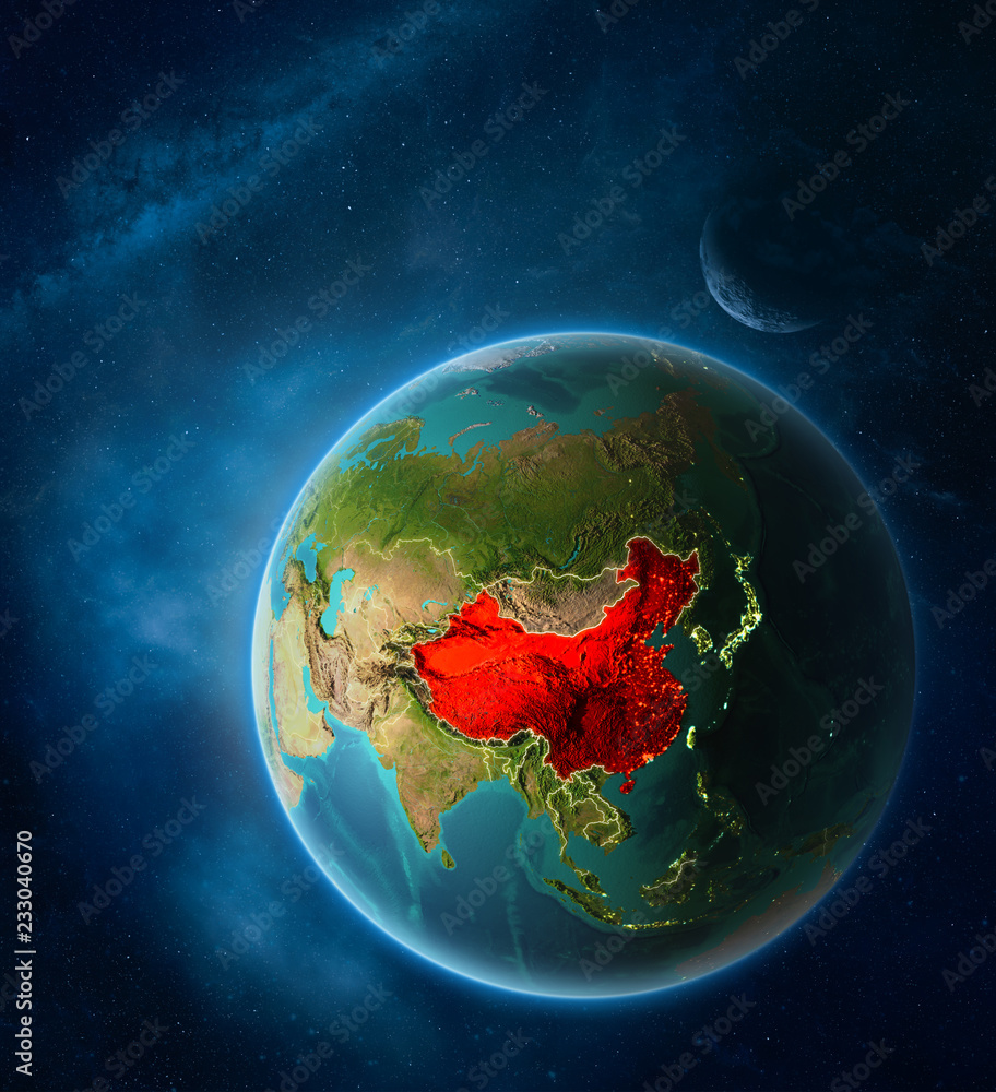 Planet Earth with highlighted China in space with Moon and Milky Way ...